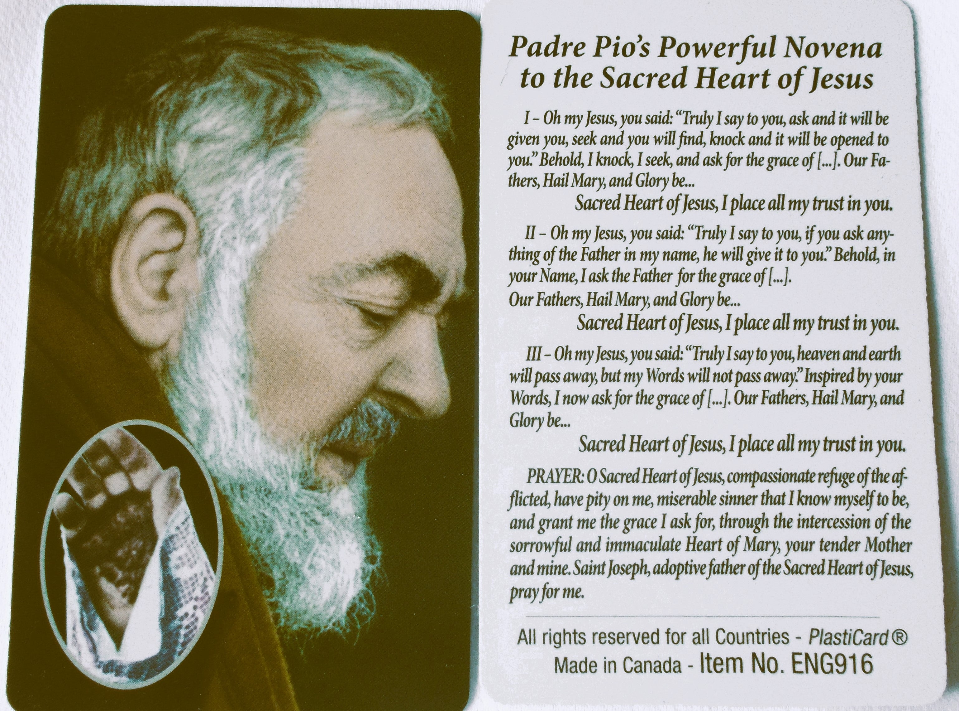 Plastic - Padre Pio's Novena to Sacred Heart of Jesus Prayercard ...